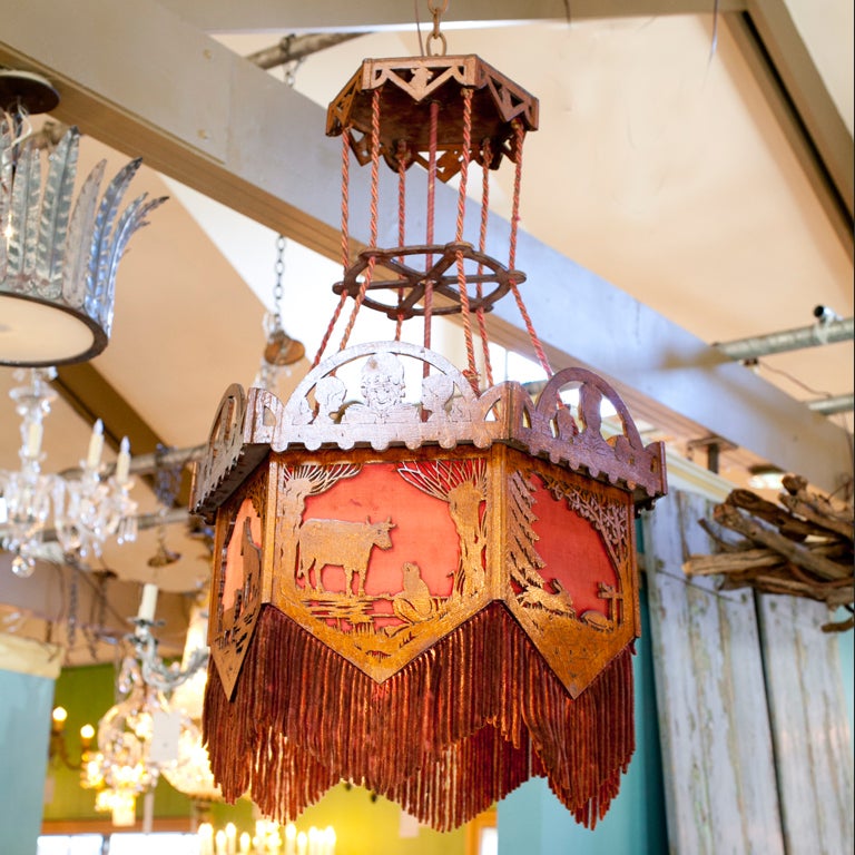 Curious Arts and Crafts Handmade Wood, Fabric and Fringe Pendant, circa ...