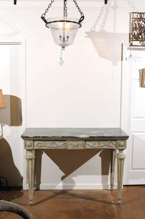 French Louis XVI Style Blue Green Wooden Console Table with Marble Top ...