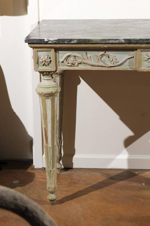 French Louis XVI Style Blue Green Wooden Console Table with Marble Top ...