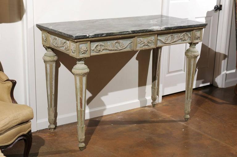 French Louis XVI Style Blue Green Wooden Console Table with Marble Top ...