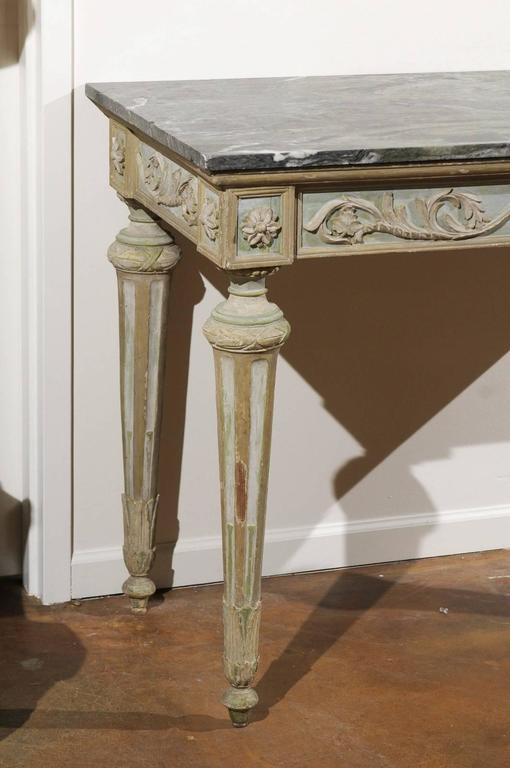 French Louis XVI Style Blue Green Wooden Console Table with Marble Top ...