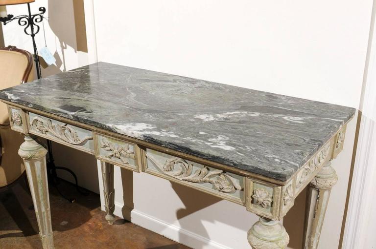 French Louis XVI Style Blue Green Wooden Console Table with Marble Top ...
