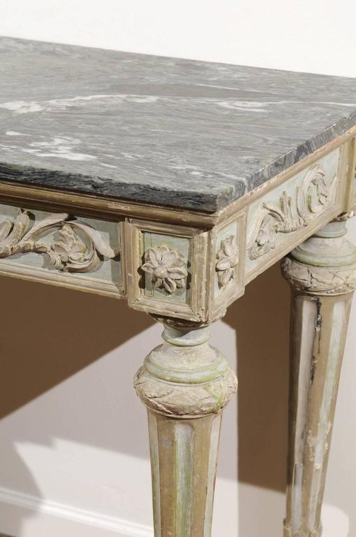 French Louis XVI Style Blue Green Wooden Console Table with Marble Top ...