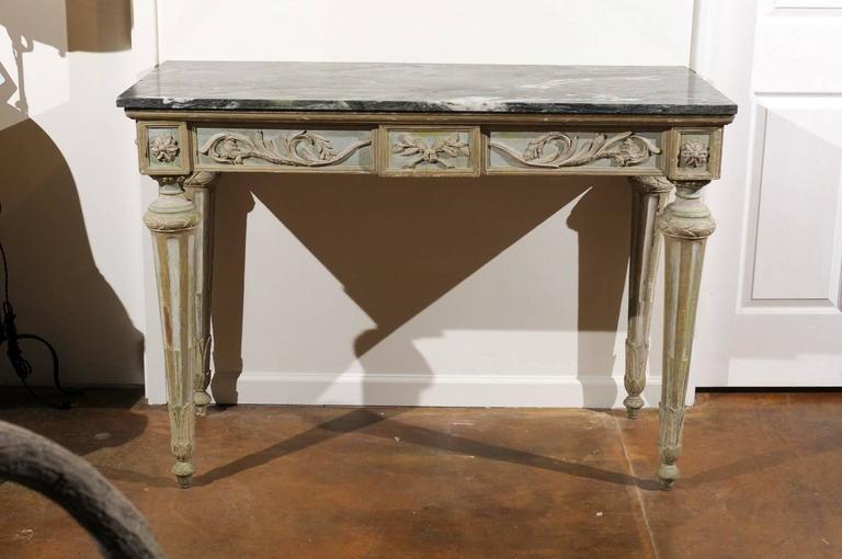 French Louis XVI Style Blue Green Wooden Console Table with Marble Top ...