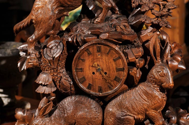 Black Forest Swiss Hand-Carved Wooden Musical Clock with Hound and Hare ...