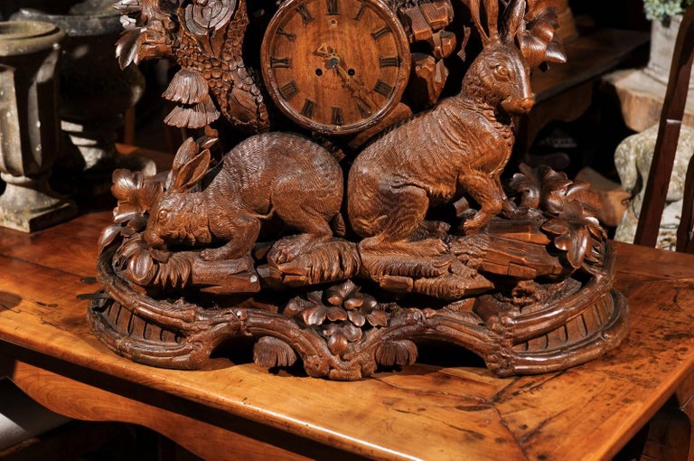 Black Forest Swiss Hand-Carved Wooden Musical Clock with Hound and Hare ...