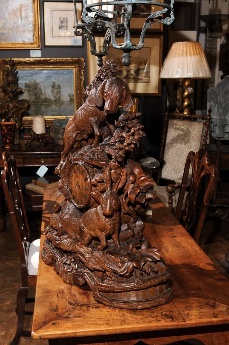 Black Forest Swiss Hand-Carved Wooden Musical Clock with Hound and Hare ...