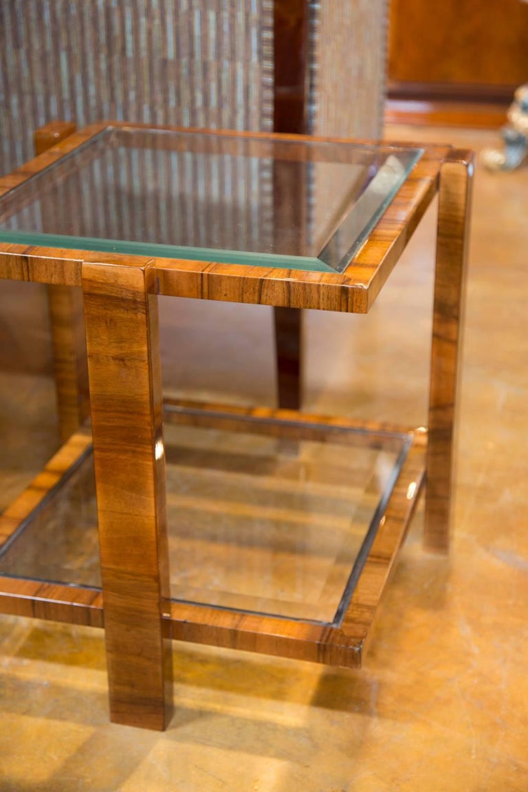 Pair of Contemporary Two-Tiered Light Walnut End Tables with Glass Top ...