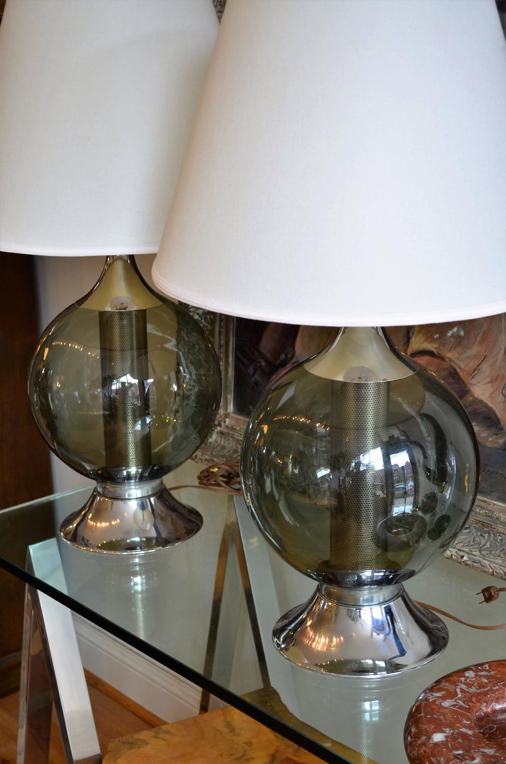 Pair of Chrome and Smoked Glass Table Lamps at 1stdibs