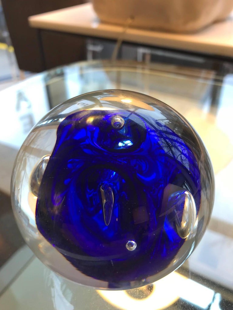 Murano Art Glass Round Paperweight with Cobalt Blue Inclusions at 1stDibs