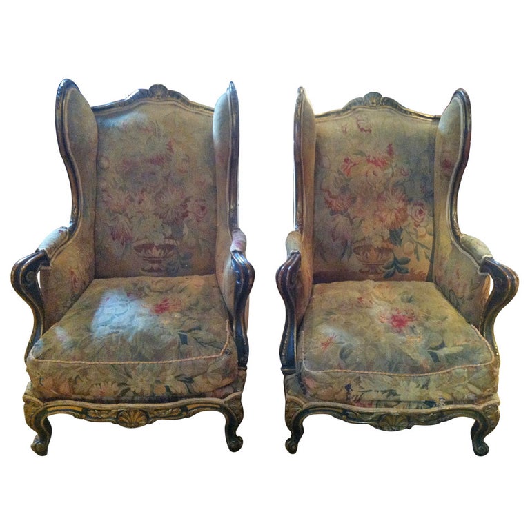 Pair of 19th Century French Wing Chairs For Sale at 1stDibs