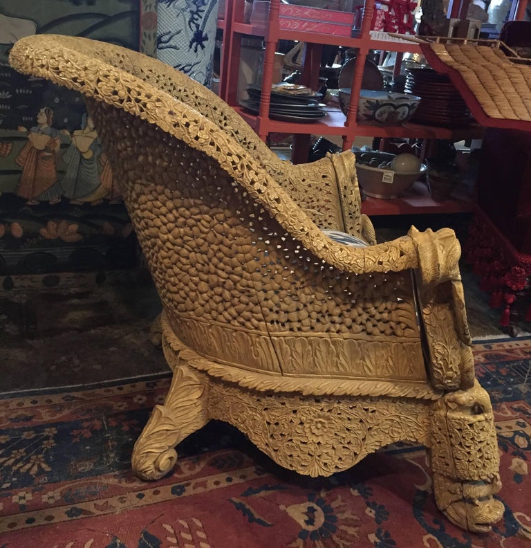 Pair of 19th Century Indian Carved Raj Chairs with Lion, Tiger, Flower ...