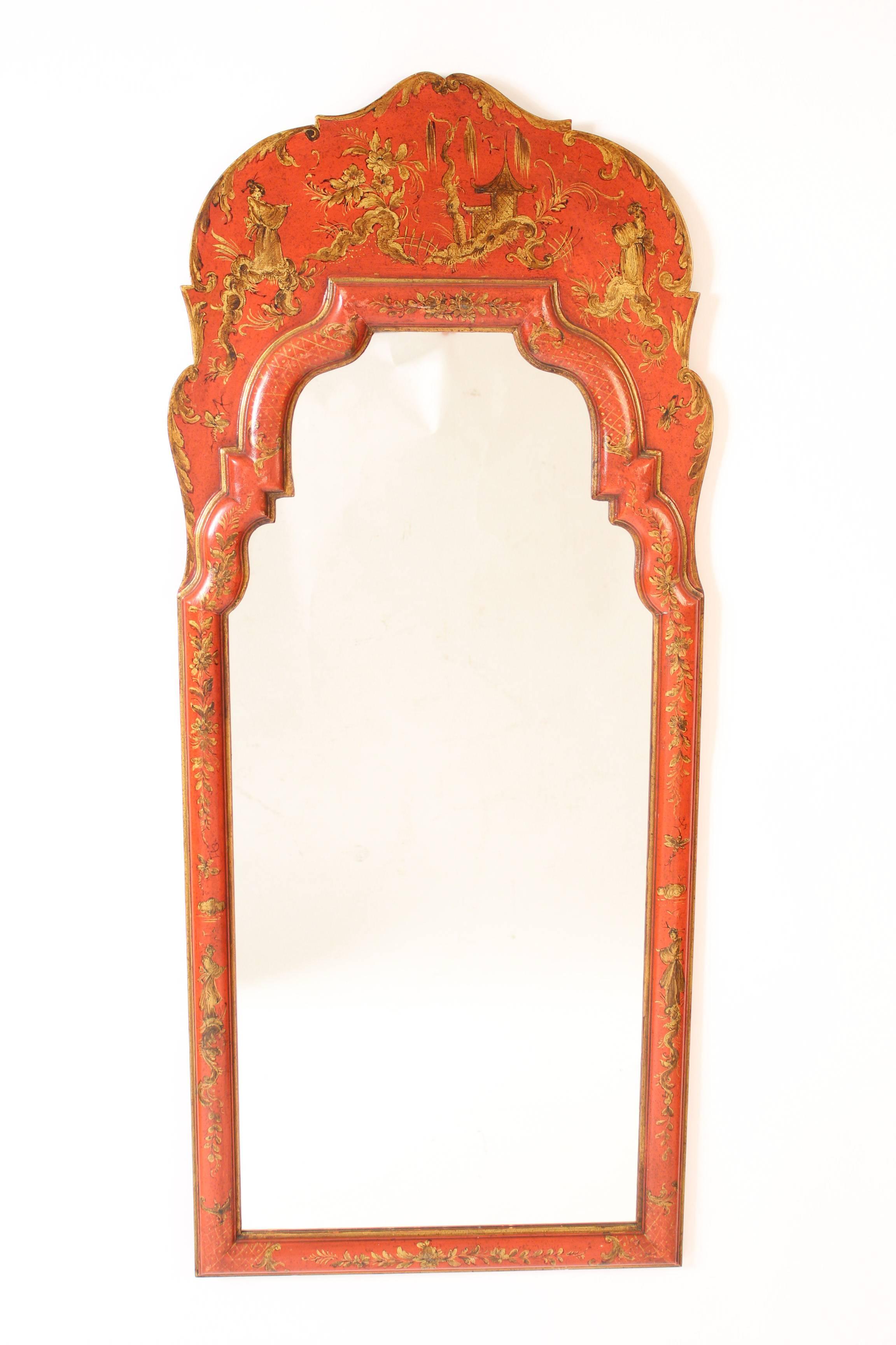 Matched Pair of Red Chinoiserie Decorated Mirrors at 1stDibs