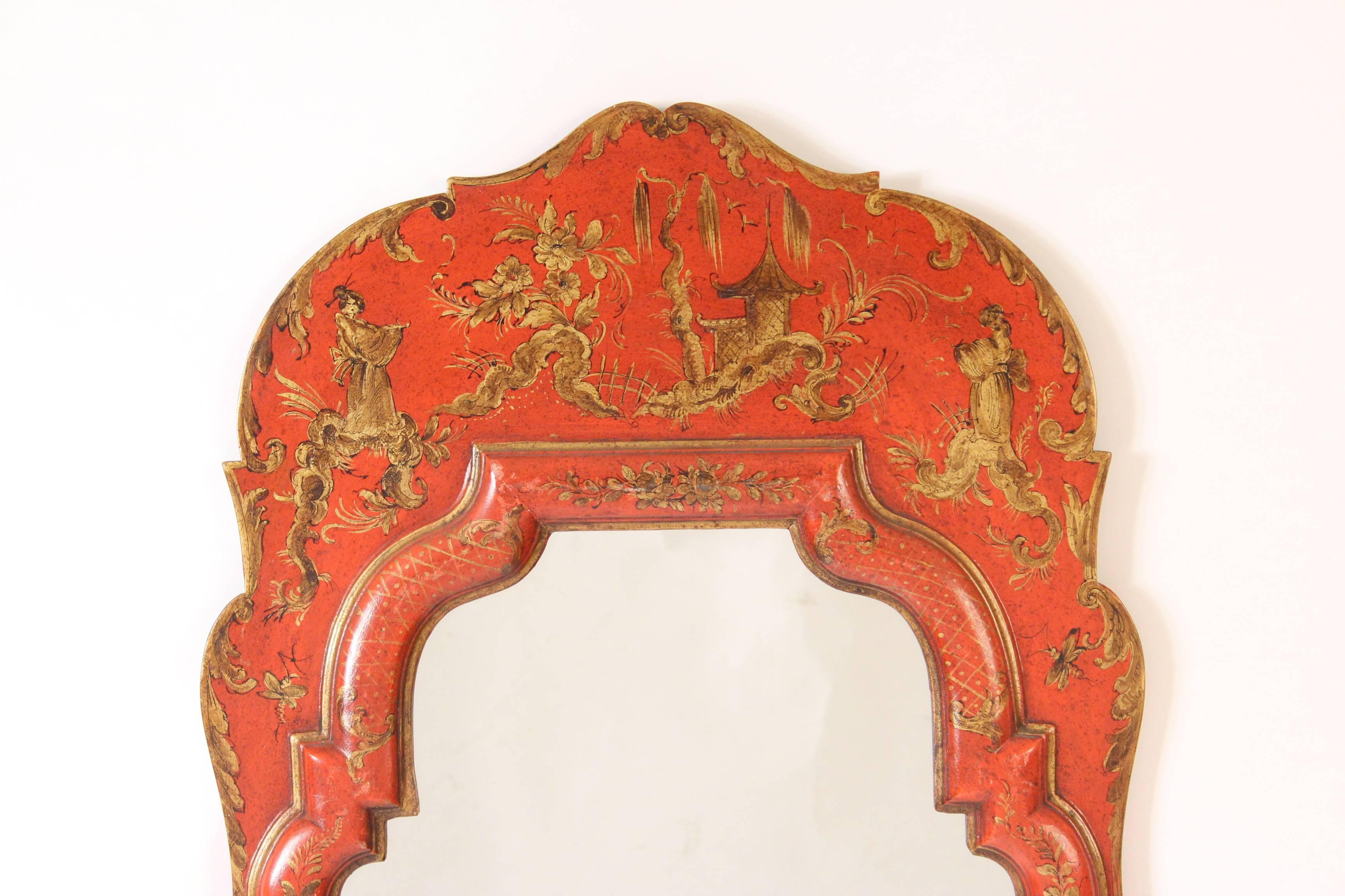 Matched Pair of Red Chinoiserie Decorated Mirrors at 1stDibs