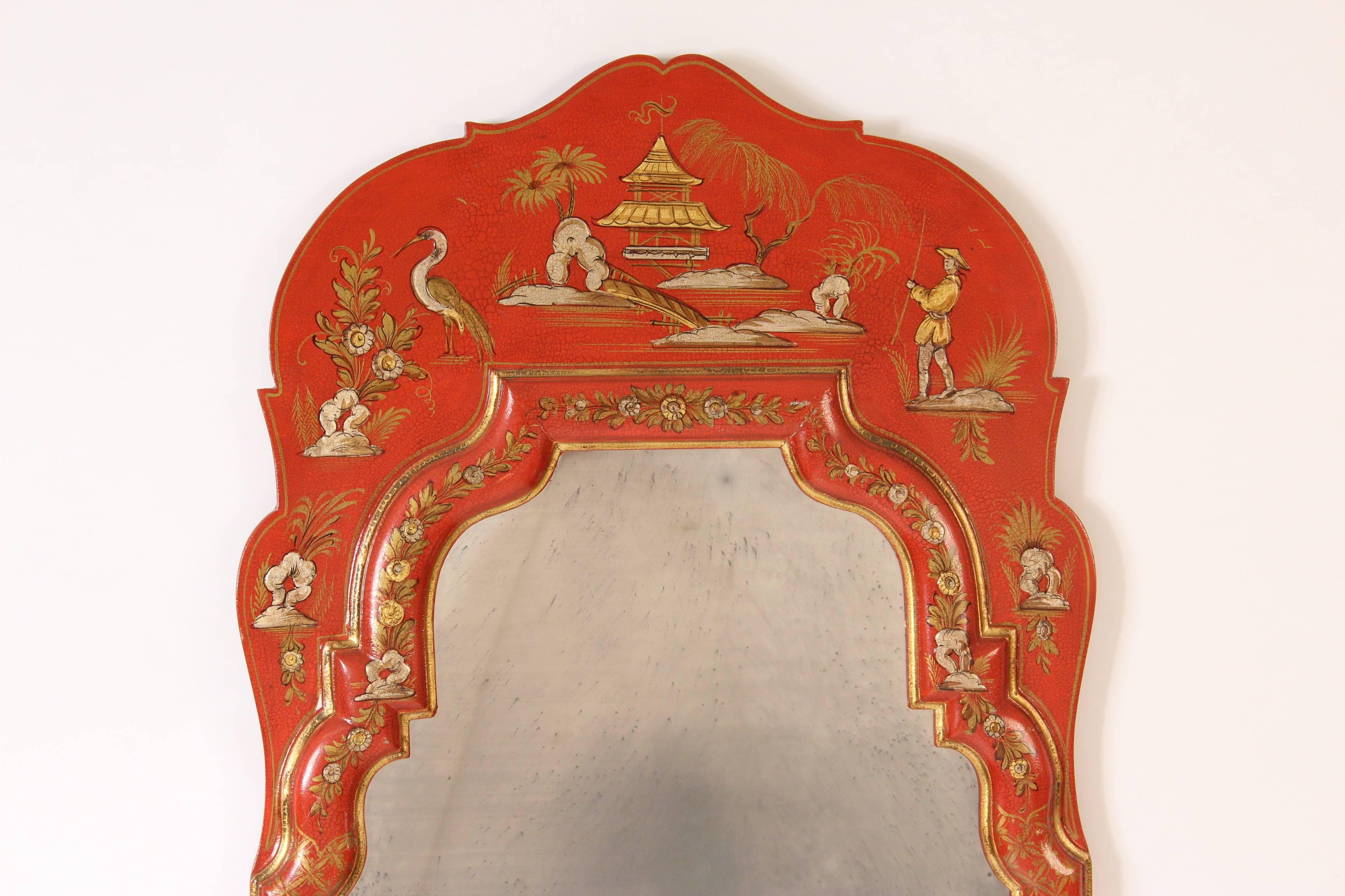 Matched Pair of Red Chinoiserie Decorated Mirrors at 1stDibs