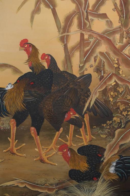 Japanese Two Panel Screen: Chickens in a Millet Grove For Sale at ...