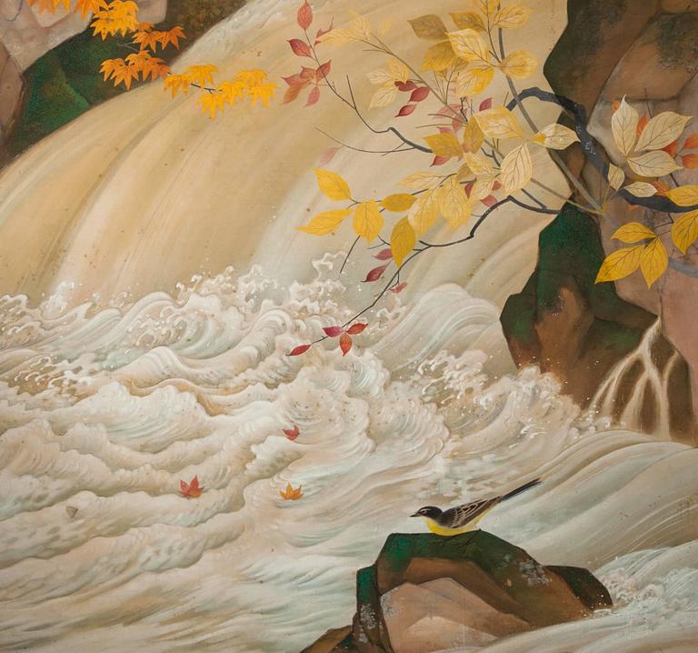 Japanese Two-Panel Screen "Waterfall and Maple Tree in Autumn Scenery ...