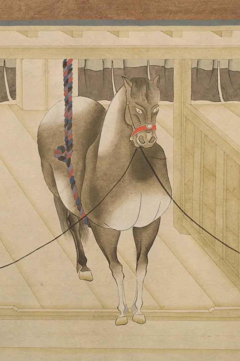 Japanese Two-Panel Screen, Horses in Stable with Attendant For Sale at ...