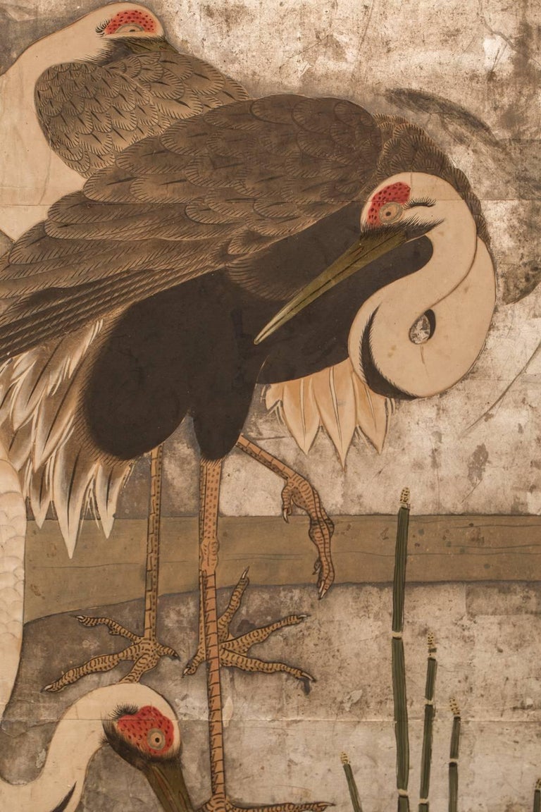Japanese Two-Panel Screen, Family of Storks at River's Edge at 1stDibs