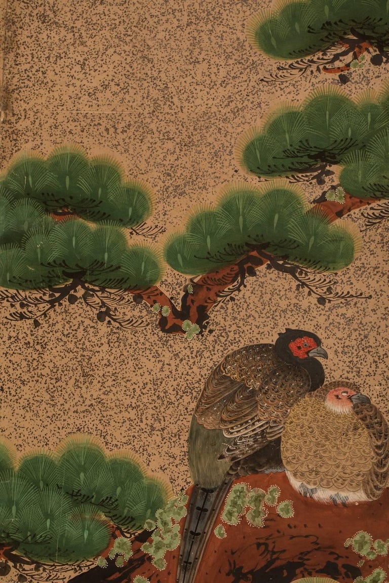 Japanese Six Panel Screen, "Amorous Pheasants in Venerable Garden Pine ...