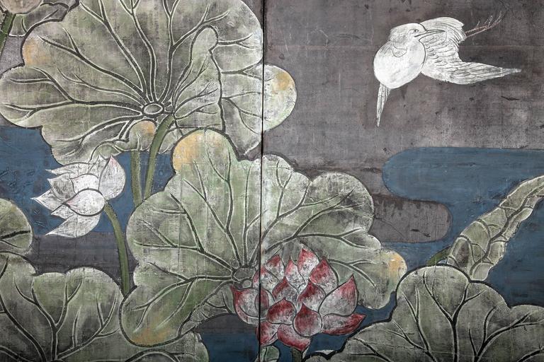 Japanese Two Panel Screen, Lotus and Heron For Sale at 1stDibs