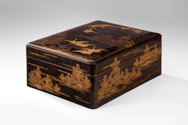A Large Japanese Gold Lacquer Box (Bunko) Depicting Cranes and Pine ...