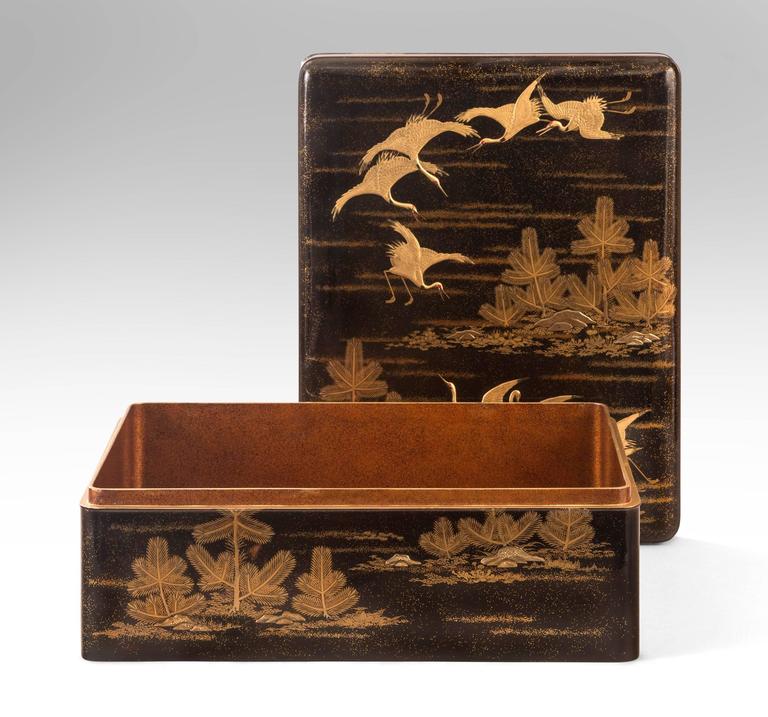 A Large Japanese Gold Lacquer Box (Bunko) Depicting Cranes and Pine ...