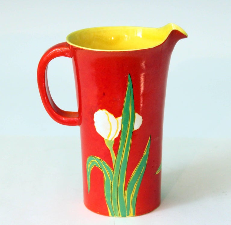 Awaji Pottery Iris Pitcher in Art Deco Atomic Chrome Red Glaze For Sale ...