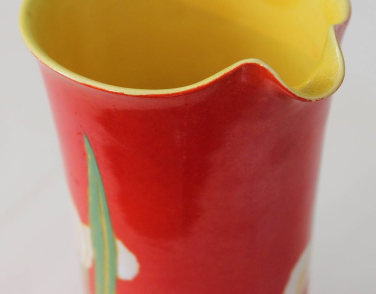 Awaji Pottery Iris Pitcher in Art Deco Atomic Chrome Red Glaze For Sale ...