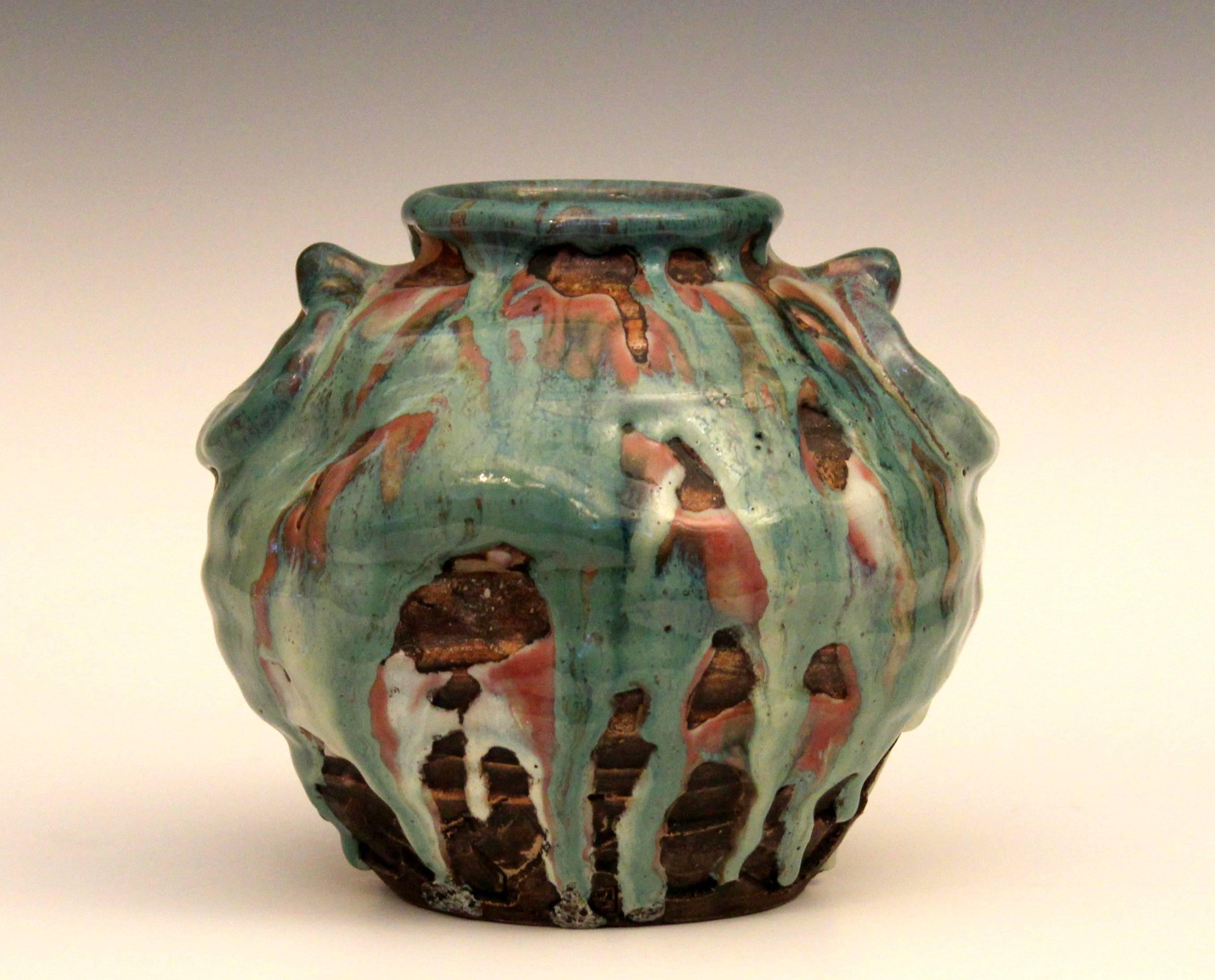 Awaji Pottery Manipulated Vase with Multicolored Volcanic Drip Glaze at ...