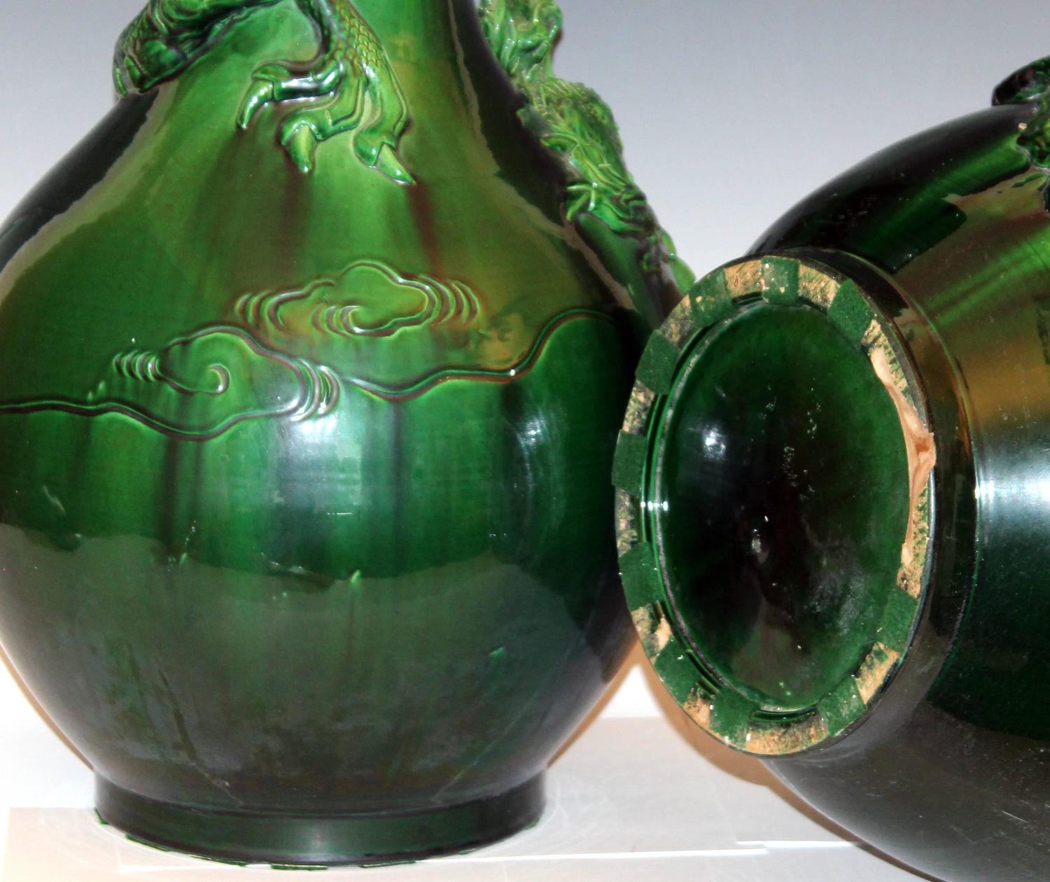 Large Matched Pair Antique Awaji Pottery Dragon Vases For Sale at 1stdibs