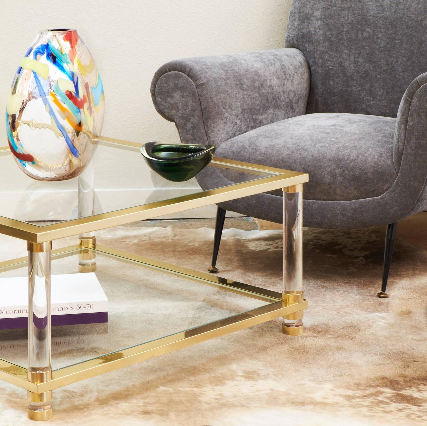 Vintage Brass Glass, Lucite Cocktail Table at 1stdibs