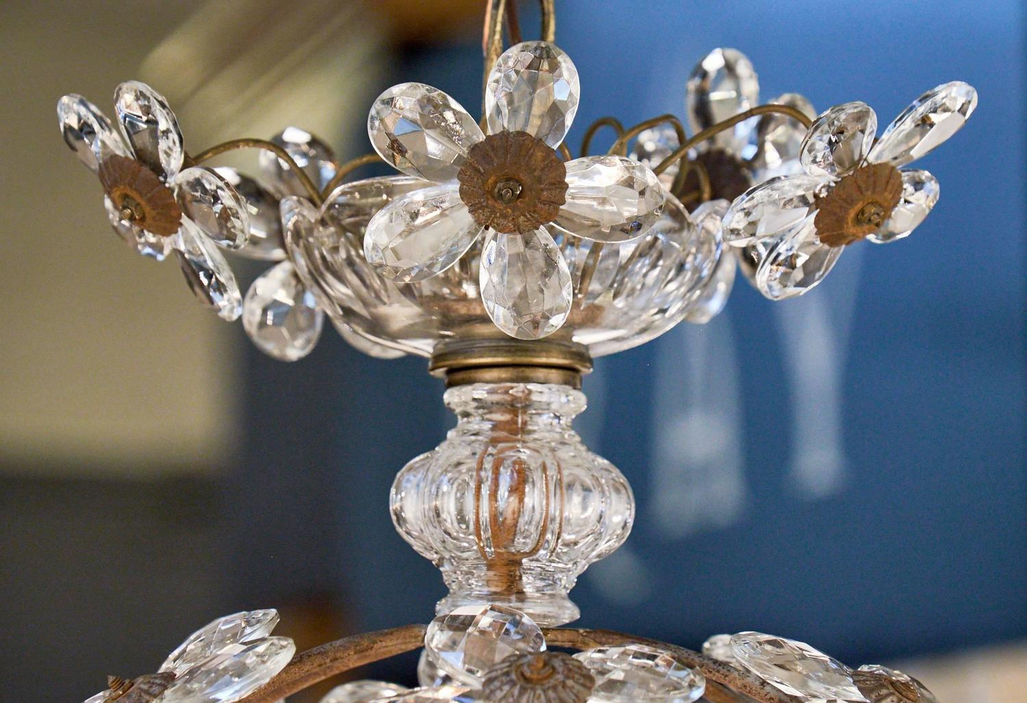 French Antique Glass Flowers and Brass Pendant Light For Sale at 1stdibs