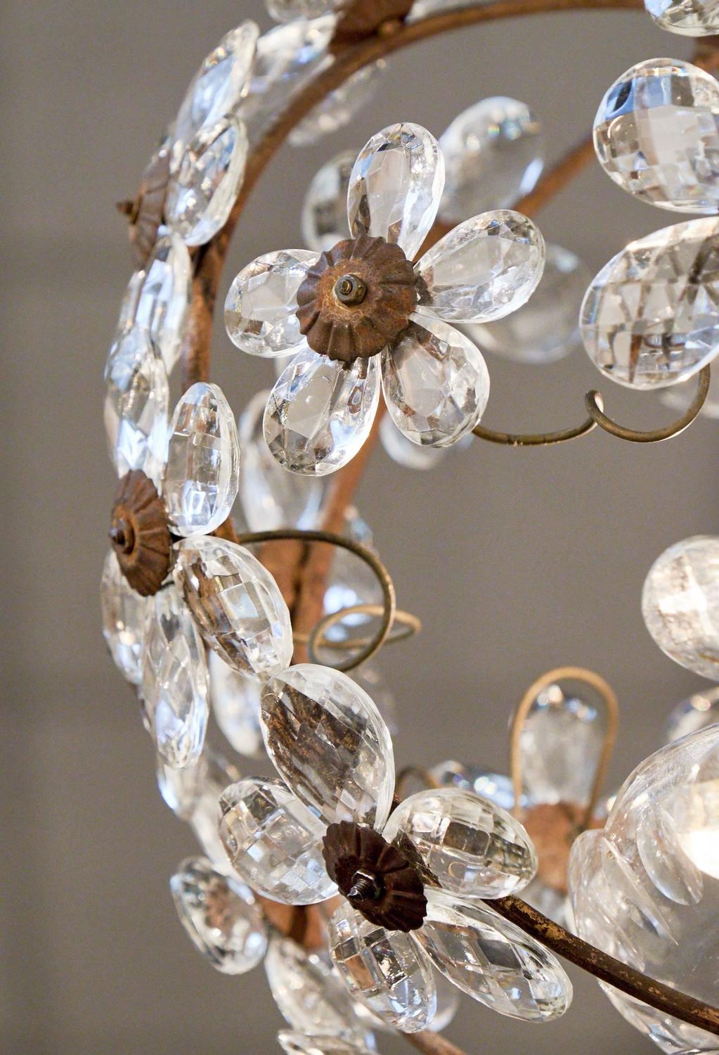 French Antique Glass Flowers and Brass Pendant Light For Sale at 1stdibs