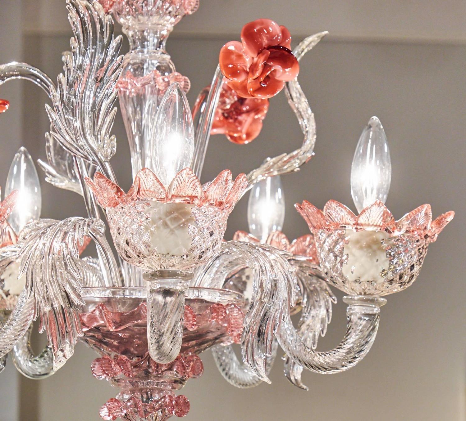Murano Glass Crystal and Pink Rose Chandelier For Sale at 1stdibs