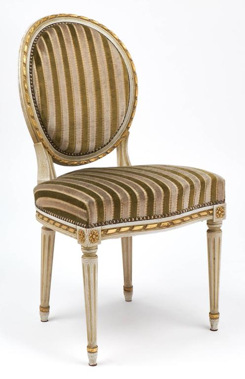 Gold Leaf Striped Velvet Set of Four Antique Louis XVI Dining Chairs at ...