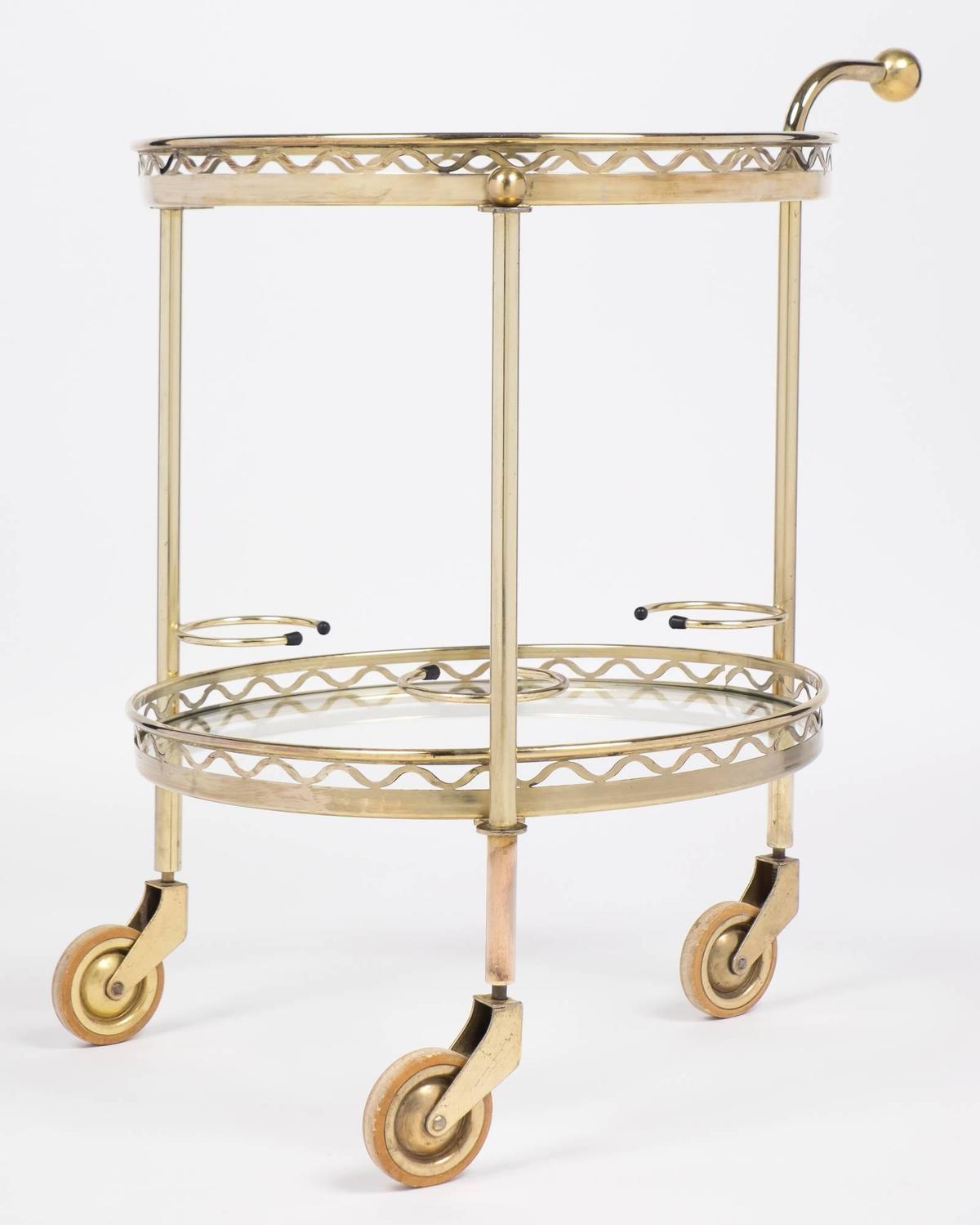 French Vintage Round Brass Bar Cart with Handle at 1stdibs