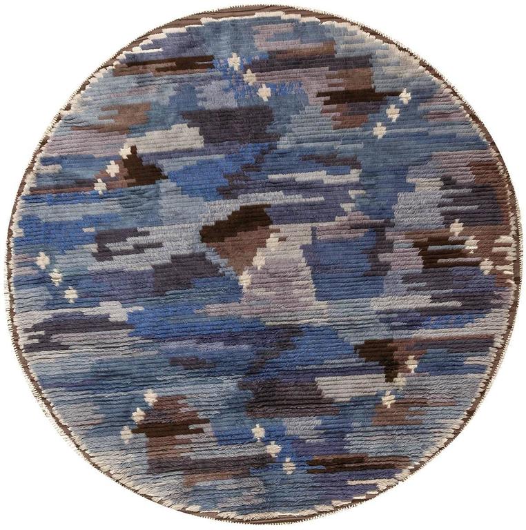 Round Blue Vintage Rya Scandinavian Rug at 1stDibs | round scandinavian rug