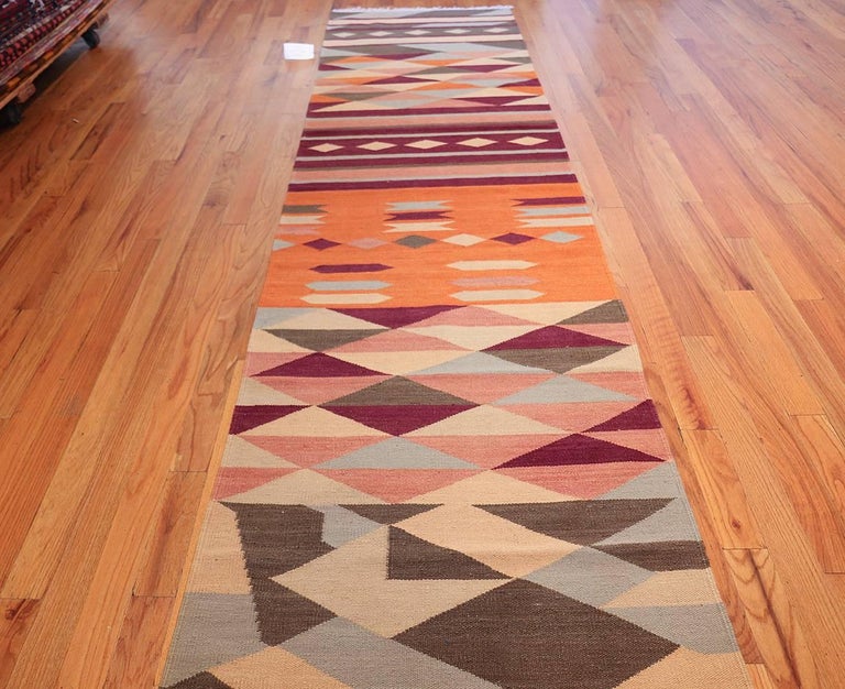 Swedish Scandinavian Inspired Modern Kilim Runner Rug. Size: 3 ft x 11 ...