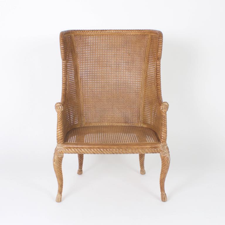 Pair of Mid-Century Italian Caned Wingback Chairs at 1stDibs