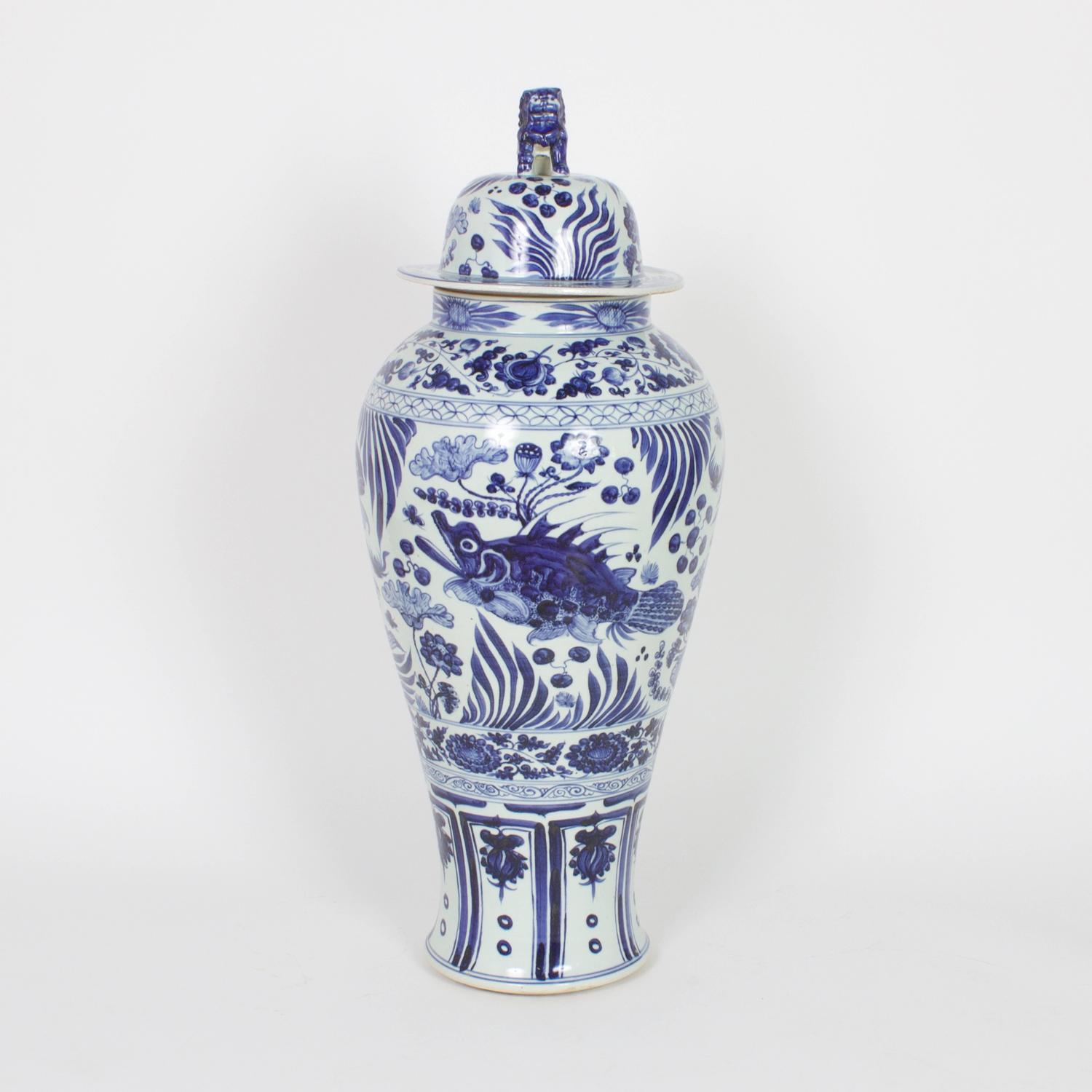 Large Pair of Chinese Export Style Lidded Temple Jars For Sale at 1stdibs