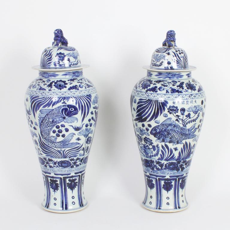 Large Pair of Chinese Export Style Lidded Temple Jars at 1stDibs