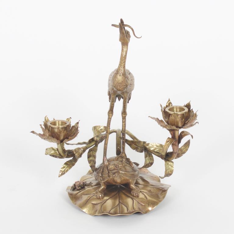 Antique Bronze Chinoiserie Crane and Tortoise Candlesticks at 1stDibs ...
