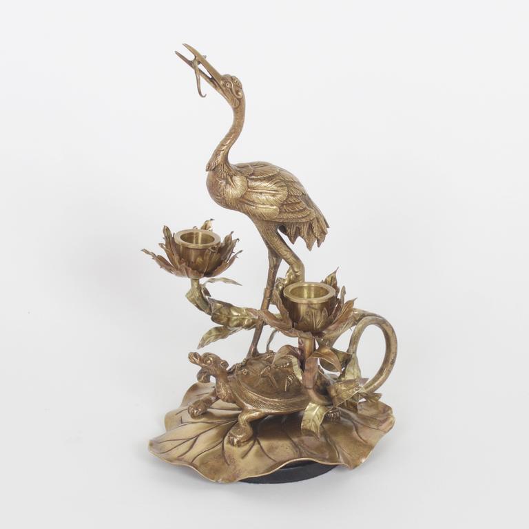 Antique Bronze Chinoiserie Crane and Tortoise Candlesticks at 1stDibs ...