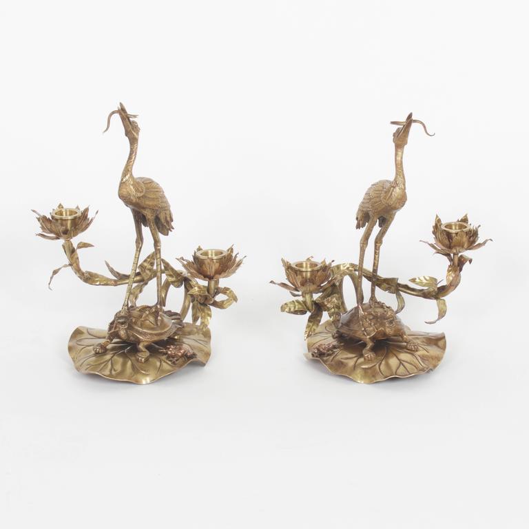 Antique Bronze Chinoiserie Crane and Tortoise Candlesticks at 1stDibs ...