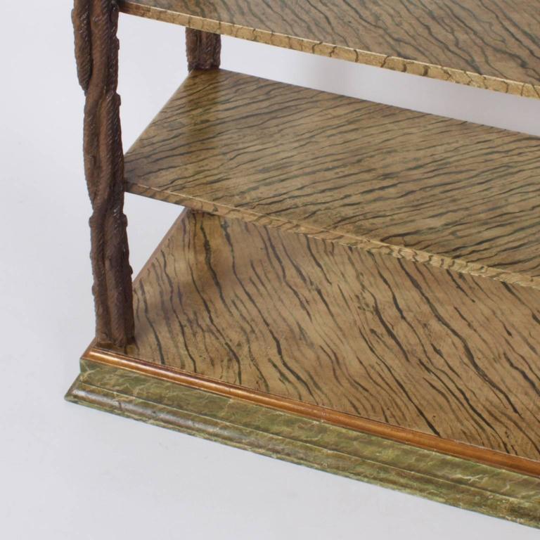 Mid-Century Modern Carved Wood Etagere with Palm Leaf Finials at 1stDibs