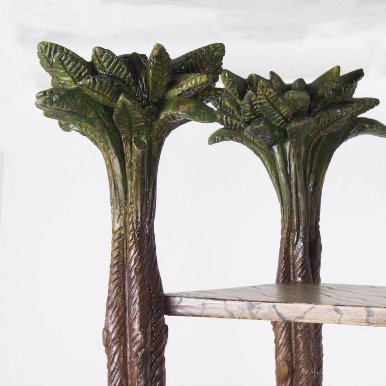 Mid-Century Modern Carved Wood Etagere with Palm Leaf Finials at 1stDibs