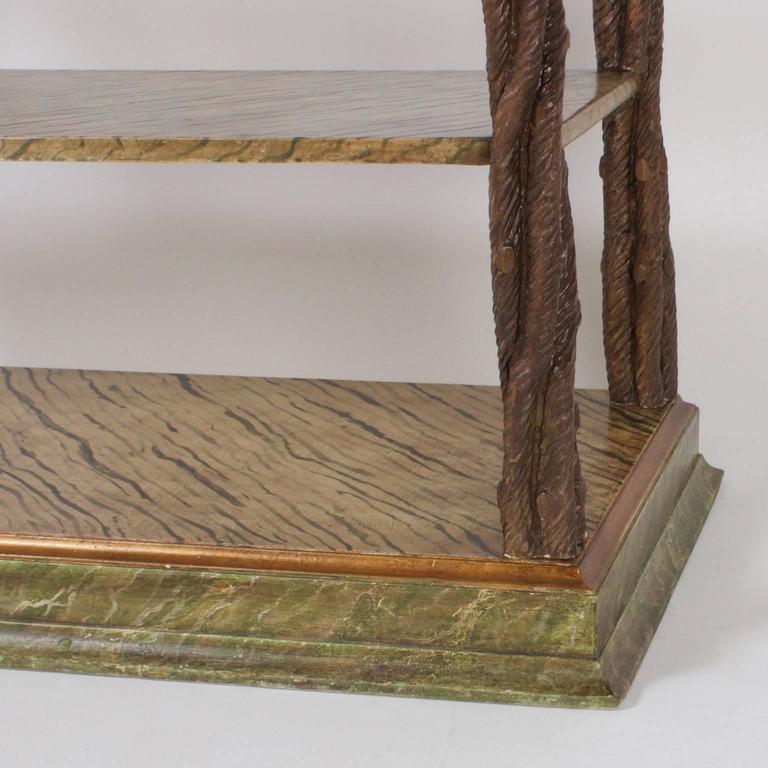 Mid-Century Modern Carved Wood Etagere with Palm Leaf Finials at 1stDibs