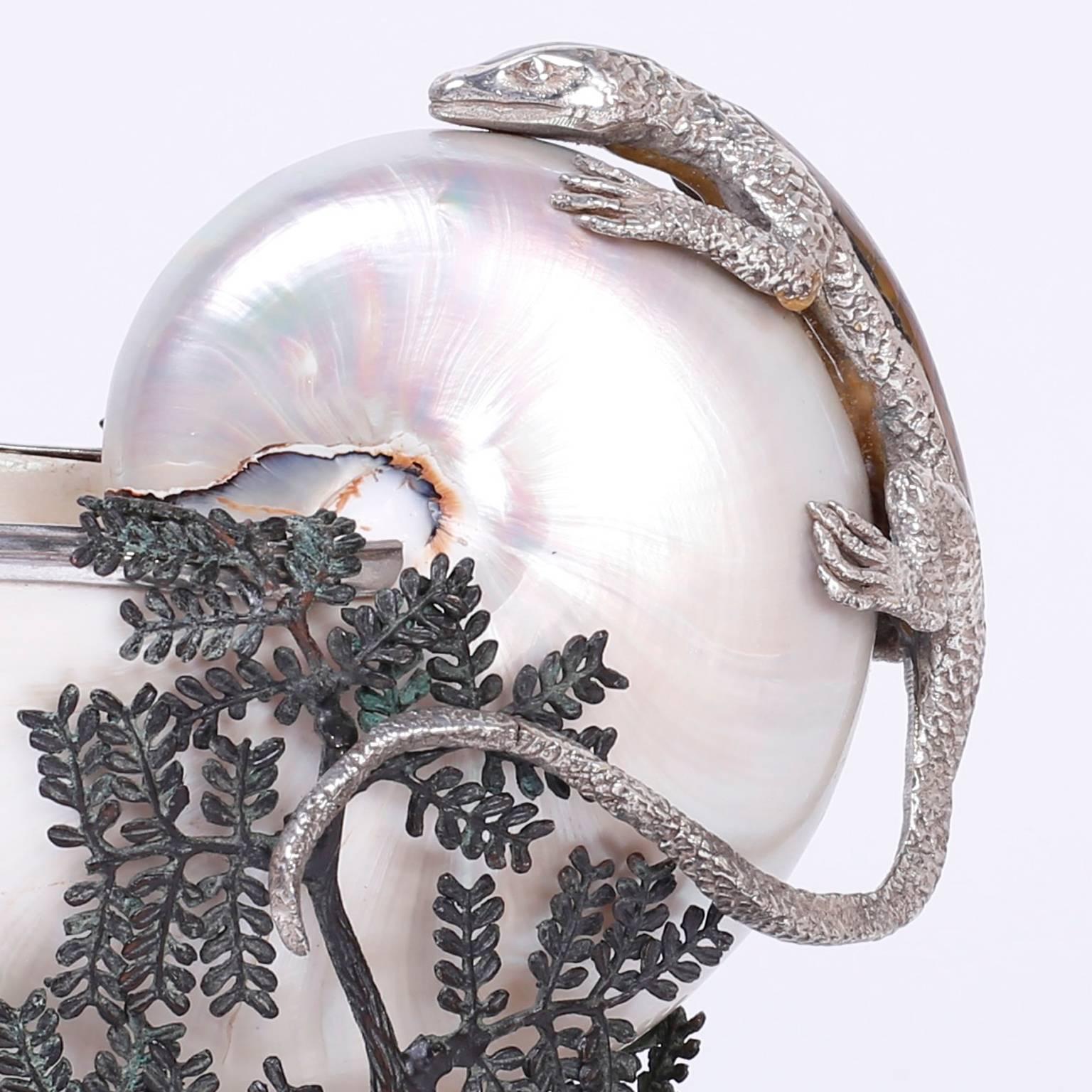 Mid-Century Silvered Metal Lizard and Nautilus Shell Sculpture at 1stDibs