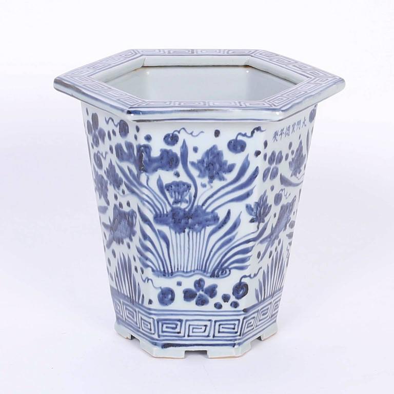 Pair of Chinese Export Style Blue and White Porcelain Planters at 1stDibs